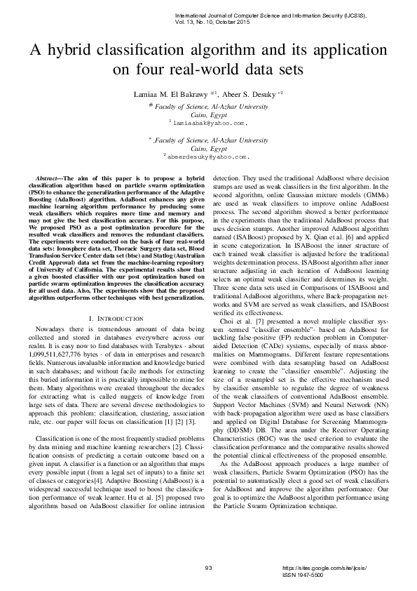Pdf A Hybrid Classification Algorithm And Its Application On Four