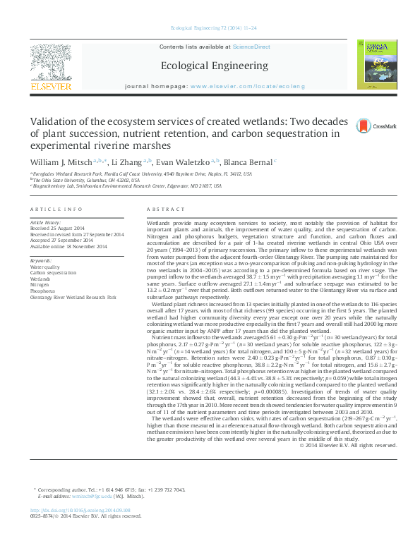 Validation of the ecosystem services of created wetlands: Two decades ...