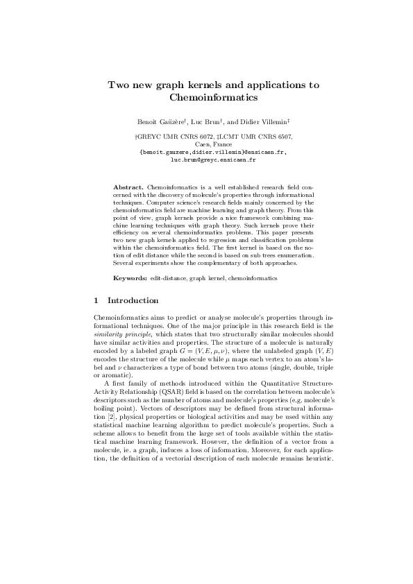 Two new graph kernels and applications to Chemoinformatics