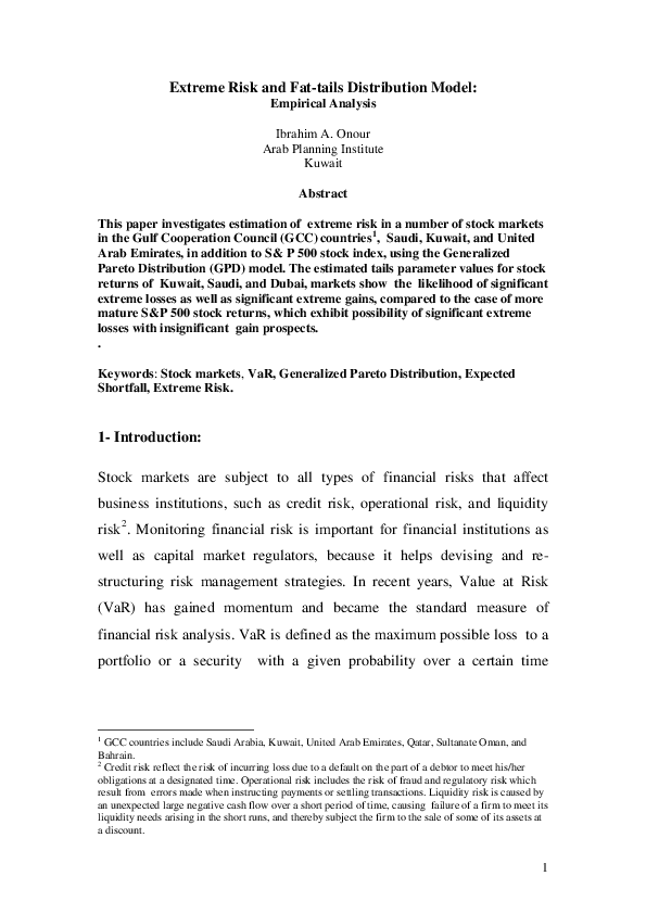 (PDF) Extreme risk and fat-tails distribution model: Empirical analysis