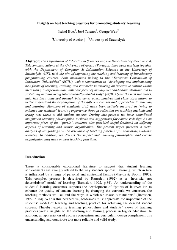 (PDF) Insights on best teaching practices for promoting students' learning