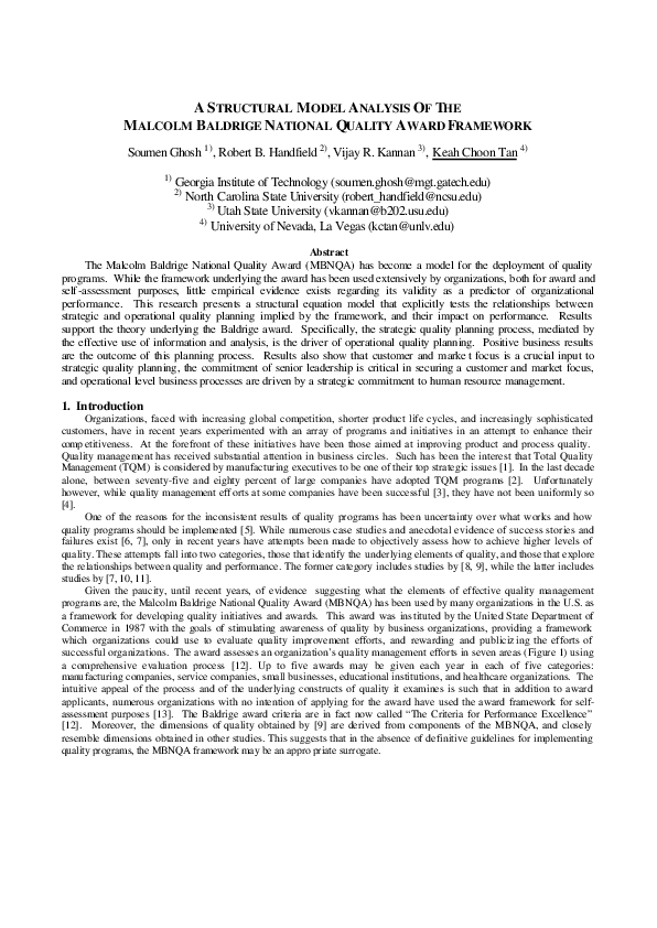 (PDF) A structural model analysis of the Malcolm Baldrige National ...