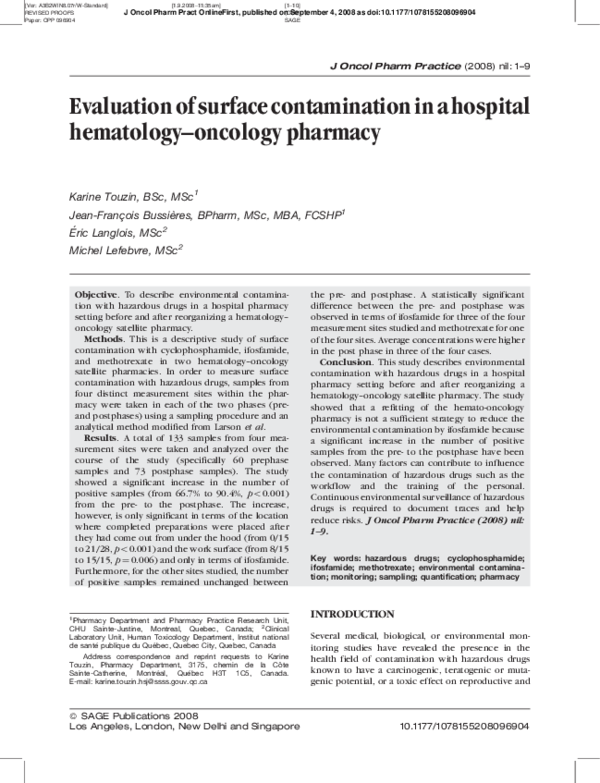 (PDF) Evaluation of surface contamination in a hospital hematology--oncology pharmacy