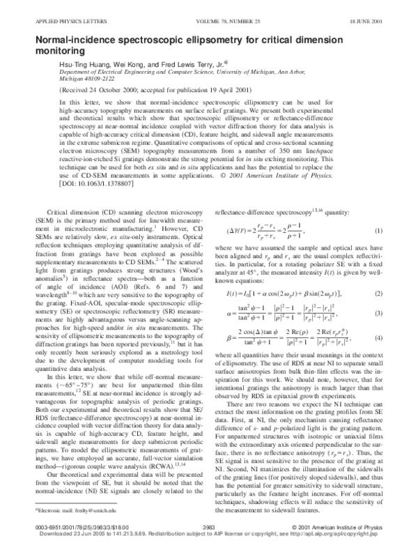 (PDF) Normal-incidence spectroscopic ellipsometry for critical dimension monitoring