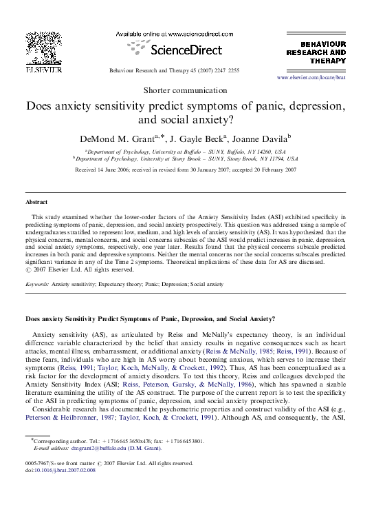 (PDF) Does anxiety sensitivity predict symptoms of panic, depression ...