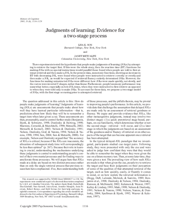 (PDF) Judgments of learning: Evidence for a two-stage process