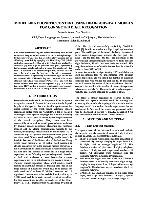 Pdf Modelling Phonetic Context Using Head Body Tail Models For