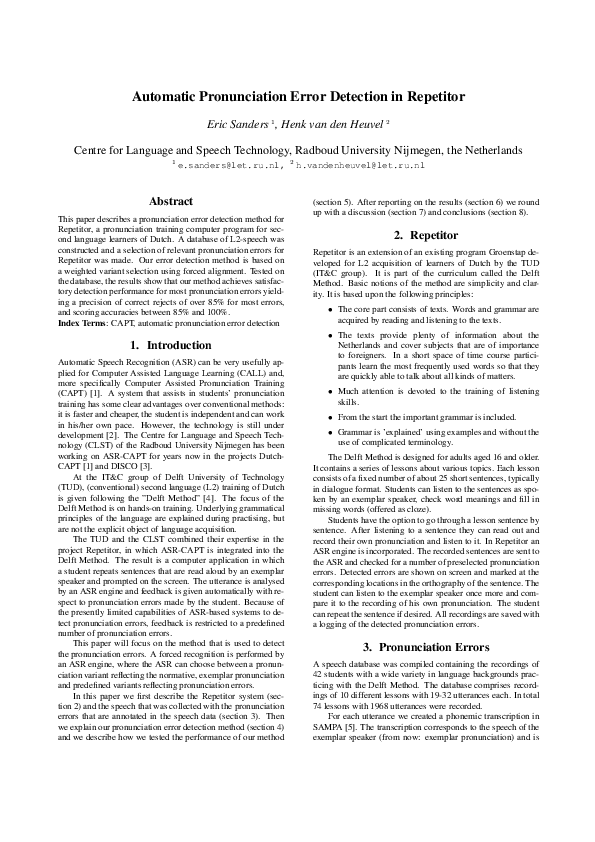 (PDF) Automatic Pronunciation Error Detection in Repetitor