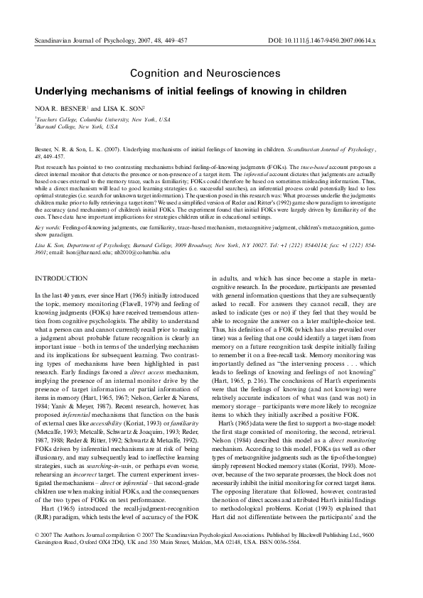 (PDF) Underlying mechanisms of initial feelings of knowing in children ...