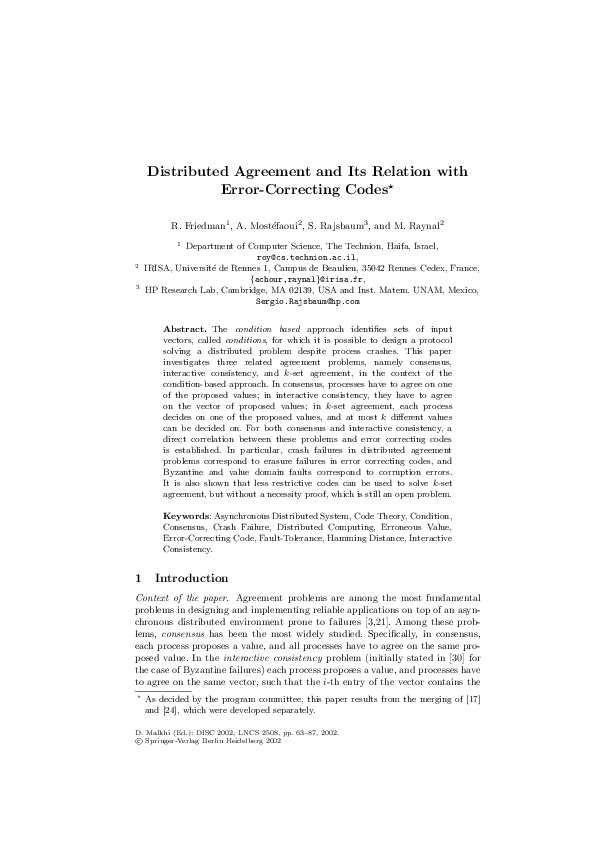 Pdf Distributed Agreement And Its Relation With Error Correcting Codes