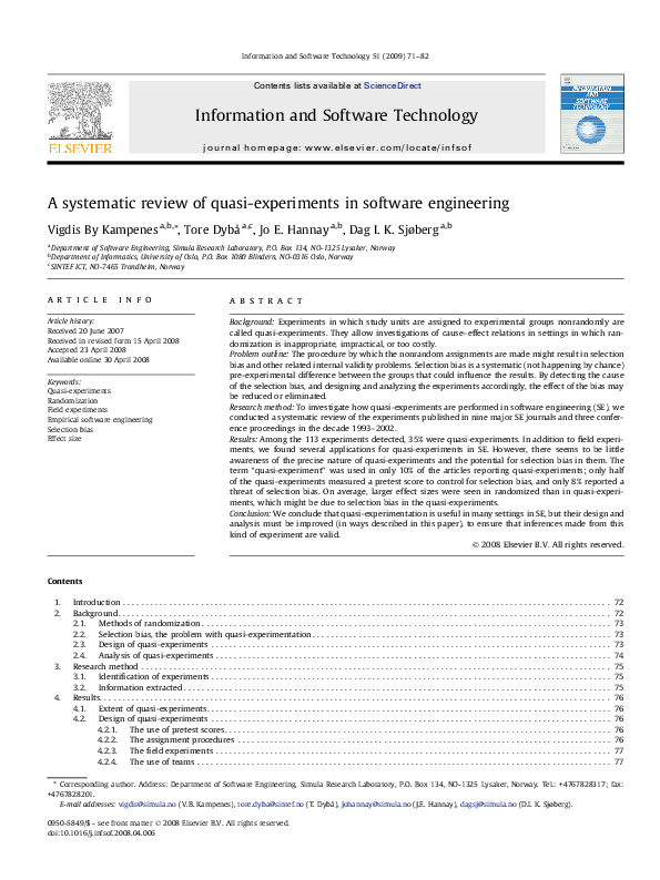 (PDF) A systematic review of quasi-experiments in software engineering