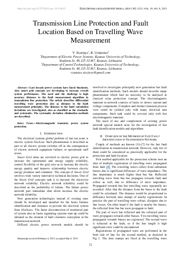 (PDF) Transmission Line Protection and Fault Location Based on Travelling Wave Measurement