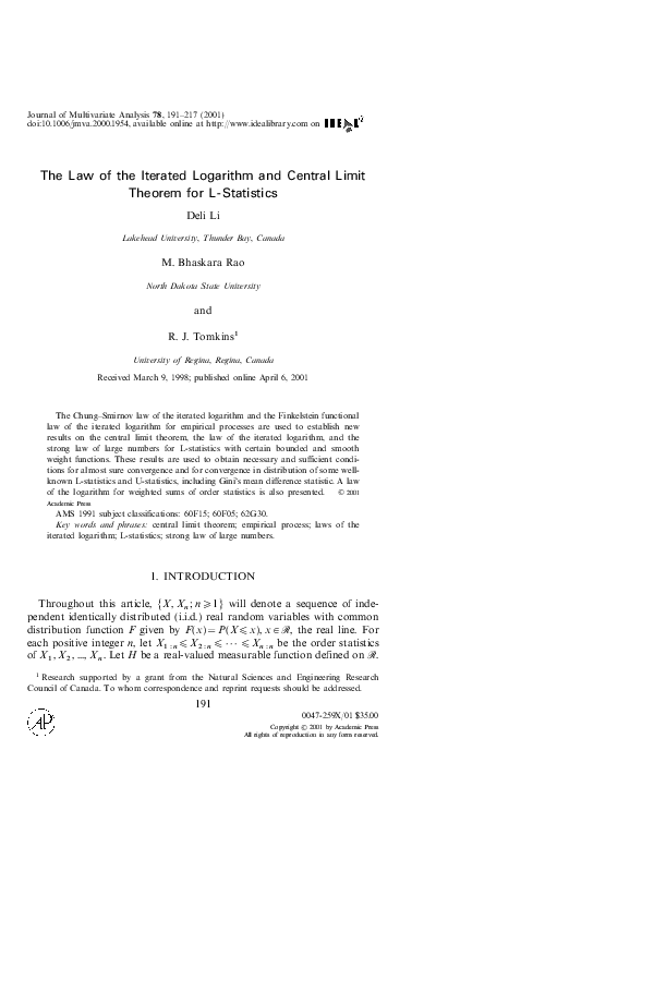 Pdf The Law Of The Iterated Logarithm And Central Limit Theorem For L Statistics