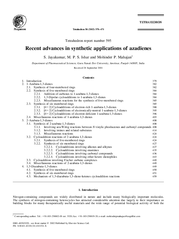 (PDF) Recent advances in synthetic applications of azadienes