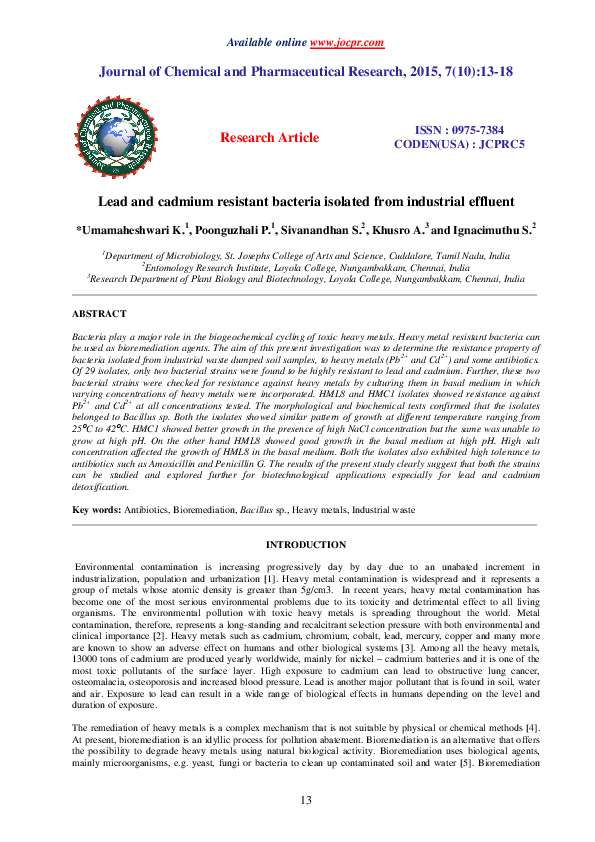 (PDF) Lead and cadmium resistant bacteria isolated from industrial effluent