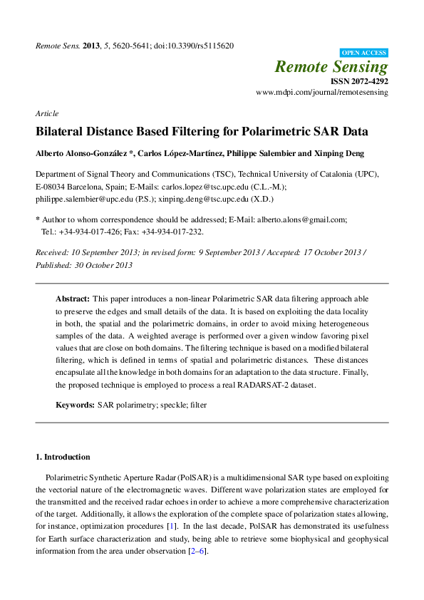 (PDF) Bilateral Distance Based Filtering for Polarimetric SAR Data