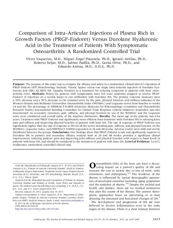 (PDF) Comparison of Intra-Articular Injections of Plasma Rich in Growth Factors (PRGF-Endoret ...