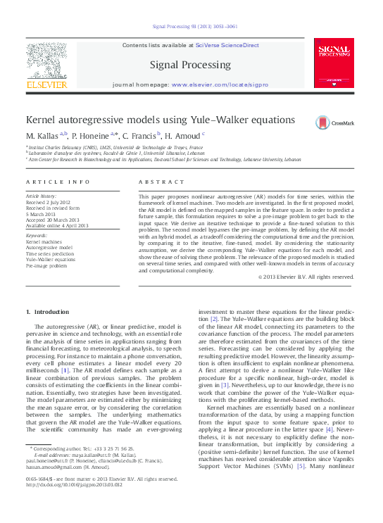 Pdf Kernel Autoregressive Models Using Yule Walker Equations