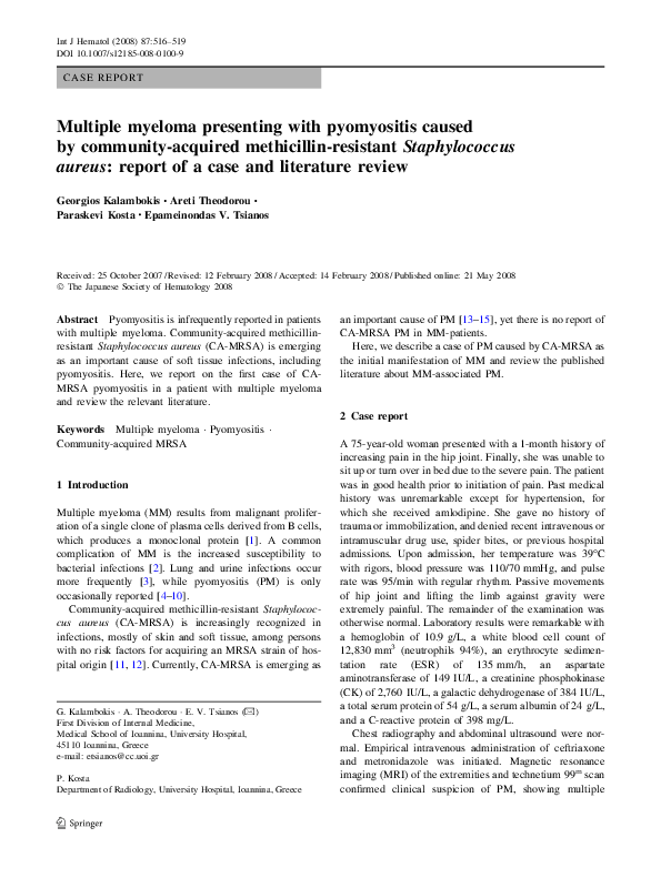 (PDF) Multiple myeloma presenting with pyomyositis caused by community ...