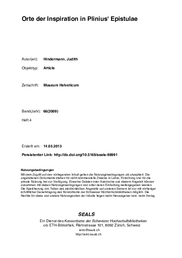 (PDF) Orte der Inspiration in Plinius' Epistulae | Judith Hindermann ...