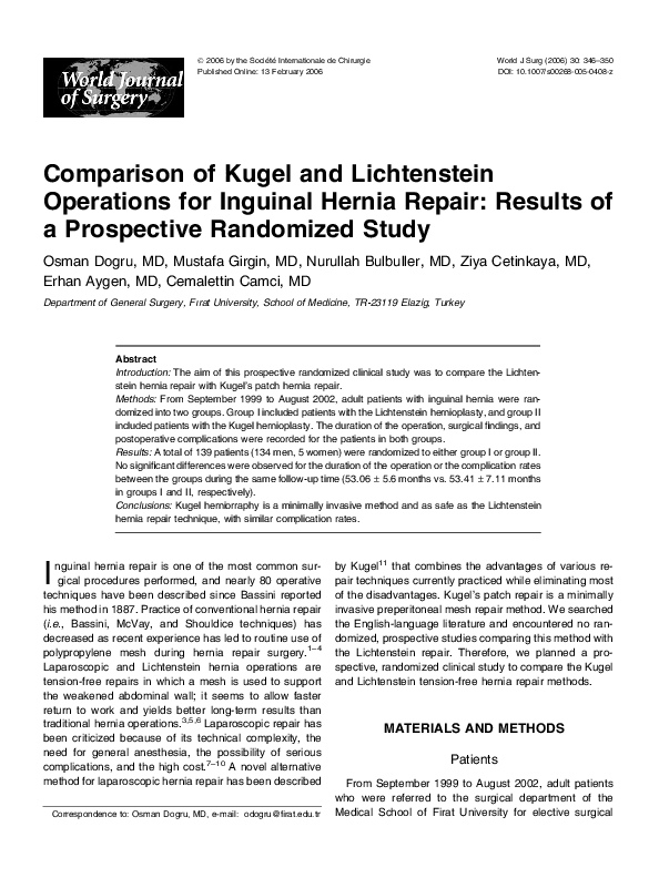 (PDF) Comparison of Kugel and Lichtenstein Operations for Inguinal ...