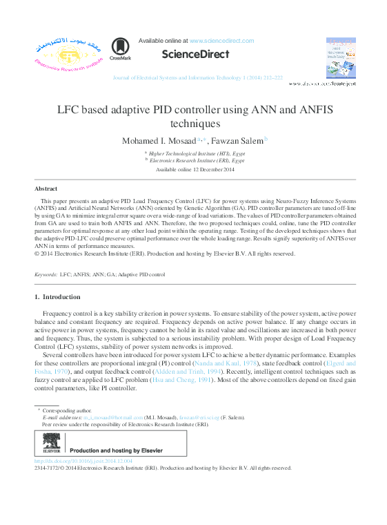 Pdf Lfc Based Adaptive Pid Controller Using Ann And Anfis Techniques
