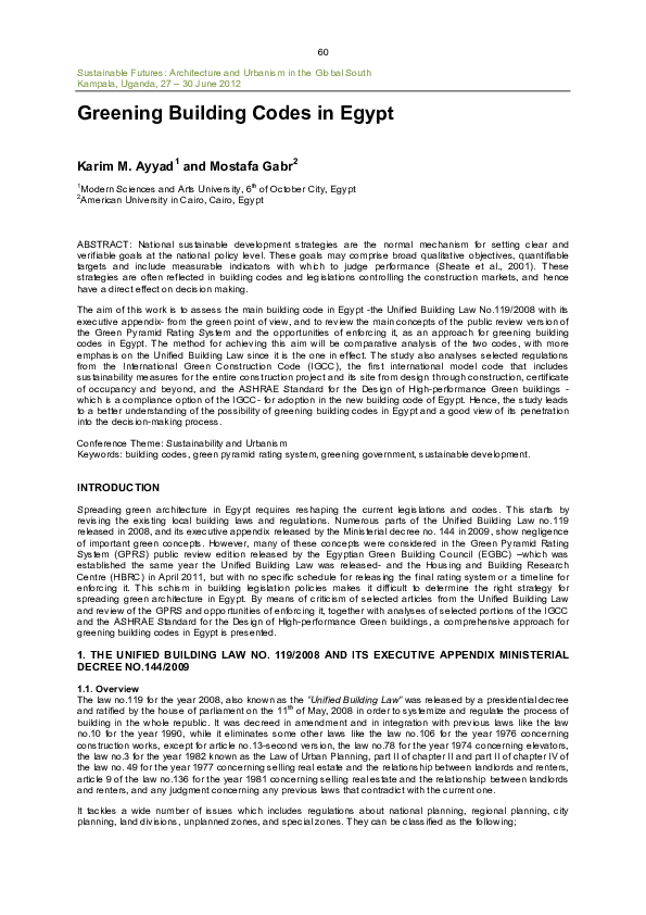 (PDF) AYYAD & GABR (2012), Greening Building Codes in Egypt