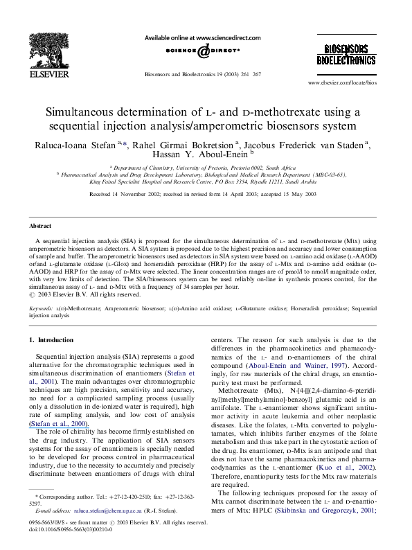 Simultaneous Determination Of L And D Methotrexate Using A Sequential Injection Analysis