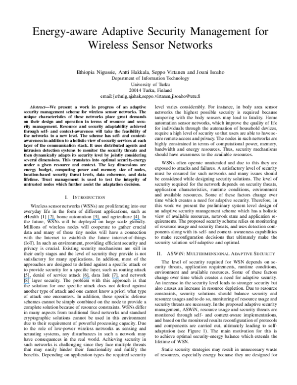 (PDF) Energy-aware adaptive security management for wireless sensor networks