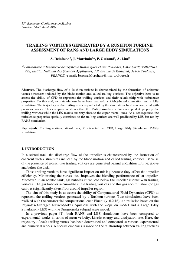 (PDF) Trailing vortices generated by a Rushton turbine: Assessment of URANS and large Eddy ...