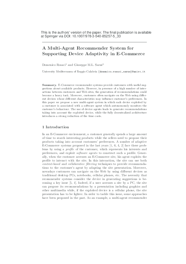 (PDF) A multi-agent recommender system for supporting device adaptivity in e-Commerce