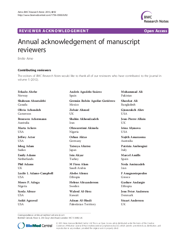 (PDF) Annual acknowledgement of manuscript reviewers