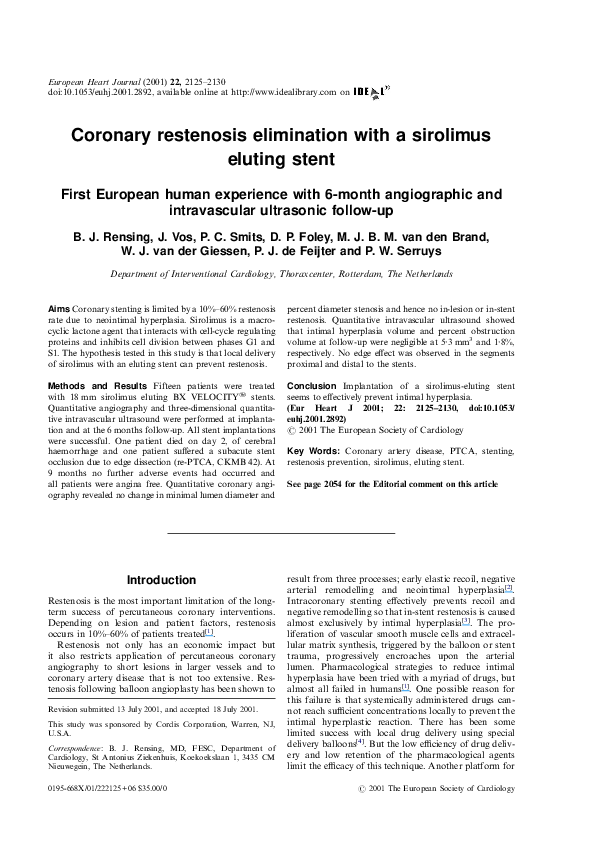 (PDF) Sirolimus-Eluting Stent for the Treatment of In-Stent Restenosis ...