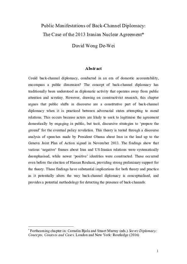 (PDF) Public Manifestations of Back-Channel Diplomacy: The Case of the ...