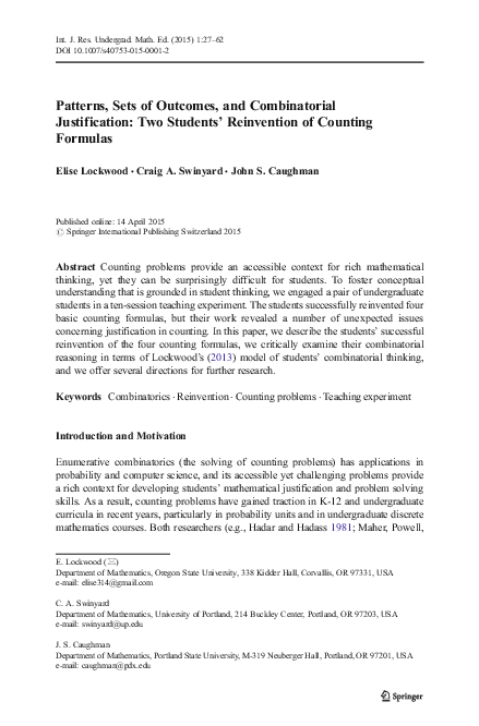 (PDF) Patterns, Sets of Outcomes, and Combinatorial Justification: Two Students’ Reinvention of ...
