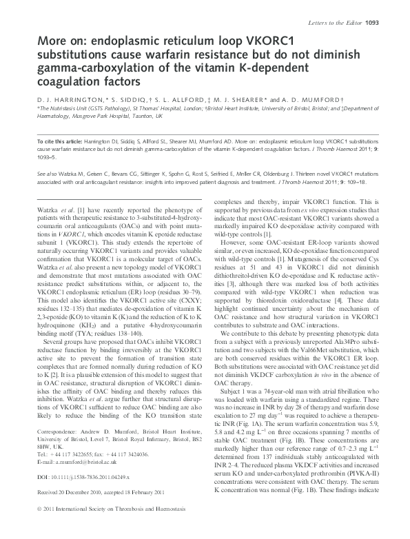(PDF) More on: endoplasmic reticulum loop VKORC1 substitutions cause ...