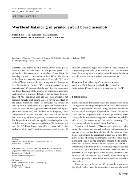 (PDF) Workload balancing in printed circuit board assembly