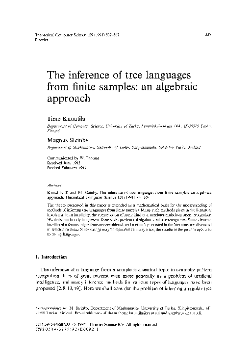 (PDF) The inference of tree languages from finite samples: an algebraic approach