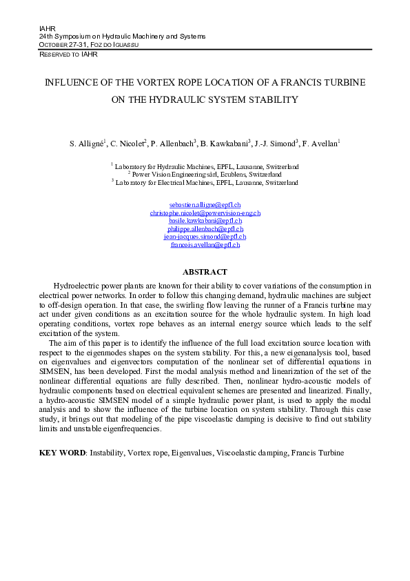 (PDF) Influence of the vortex rope location of a Francis turbine on the ...