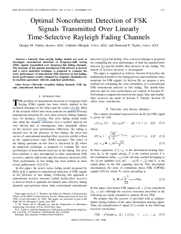 (PDF) Optimal noncoherent detection of FSK signals transmitted over linearly time-selective ...