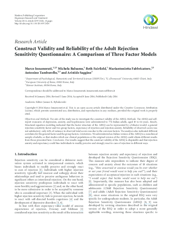 (PDF) Construct validity and reliability of the adult rejection sensitivity questionnaire: a ...
