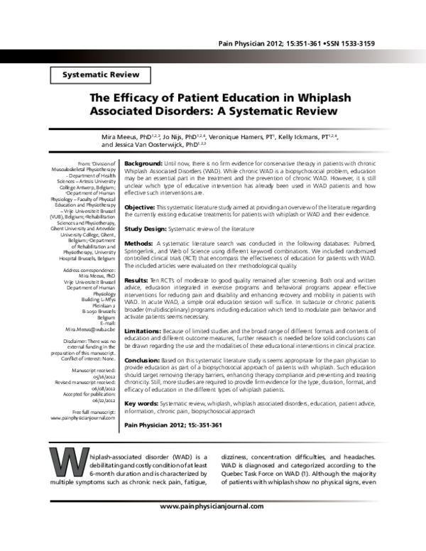 (PDF) The efficacy of patient education in whiplash associated ...