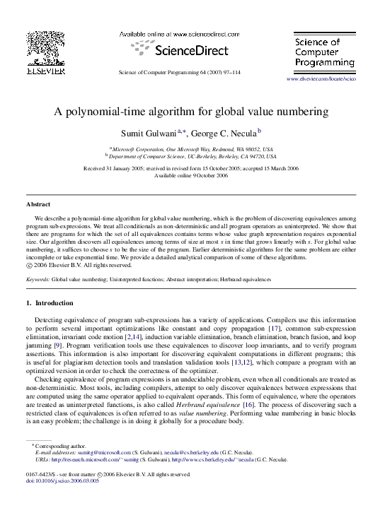 Pdf A Polynomial Time Algorithm For Global Value Numbering Sumit Gulwani