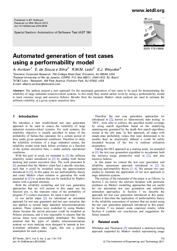 Pdf Automated Generation Of Test Cases Using A Performability Model