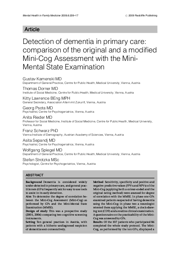 Pdf Detection Of Dementia In Primary Care Comparison Of The Original And A Modified Mini Cog
