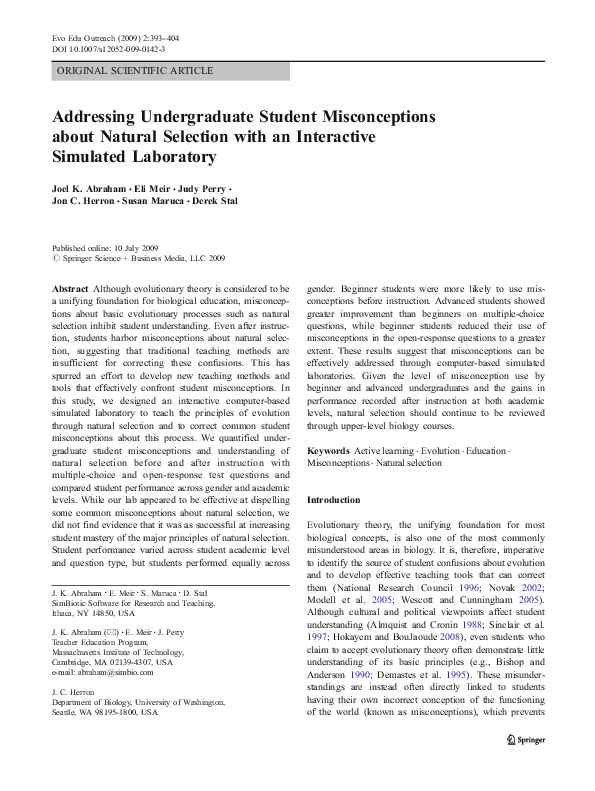 (PDF) Addressing Undergraduate Student Misconceptions about Natural Selection with an ...
