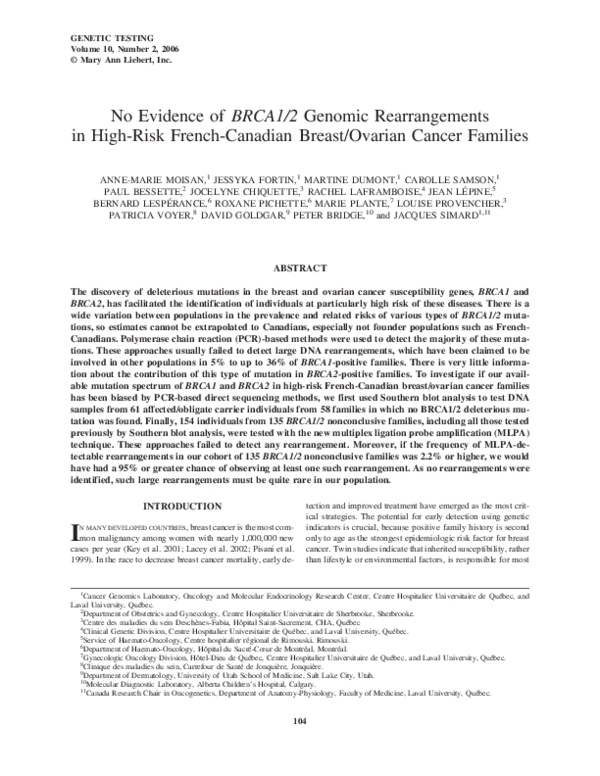 (PDF) No Evidence of BRCA1/2 Genomic Rearrangements in High-Risk French-Canadian Breast/Ovarian ...