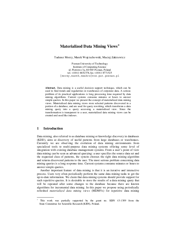 (PDF) Materialized Data Mining Views