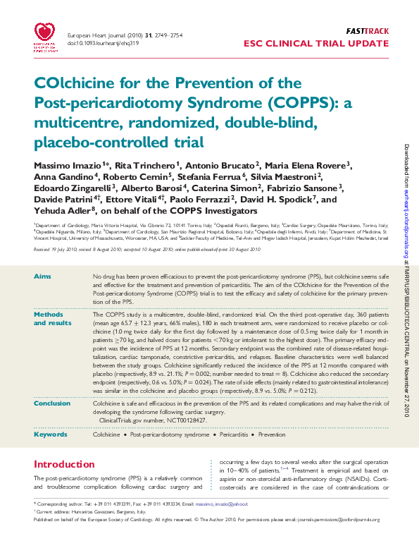 (PDF) COlchicine for the Prevention of the Post-pericardiotomy Syndrome (COPPS): a multicentre ...