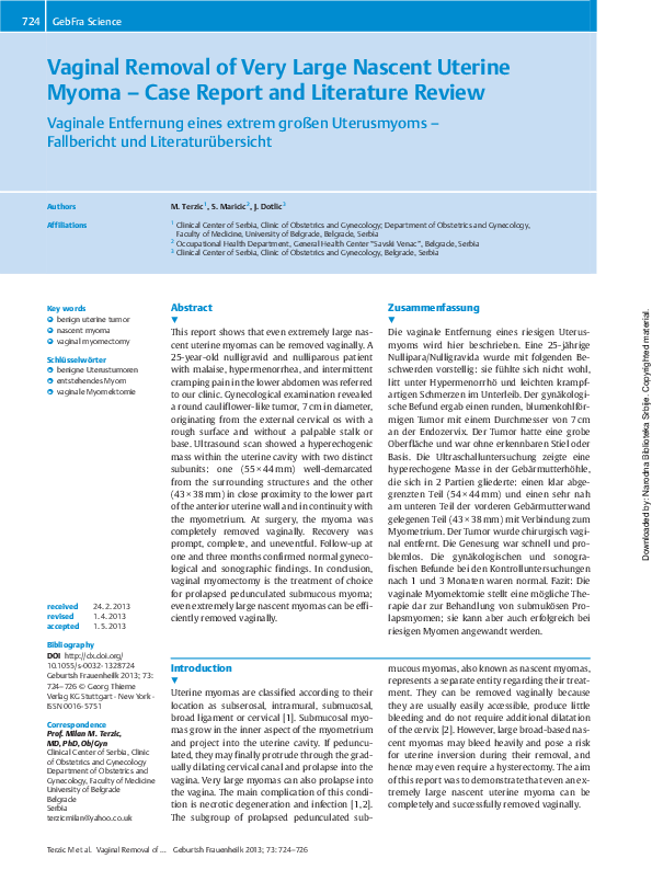Pdf Vaginal Removal Of Very Large Nascent Uterine Myoma Case Report And Literature Review